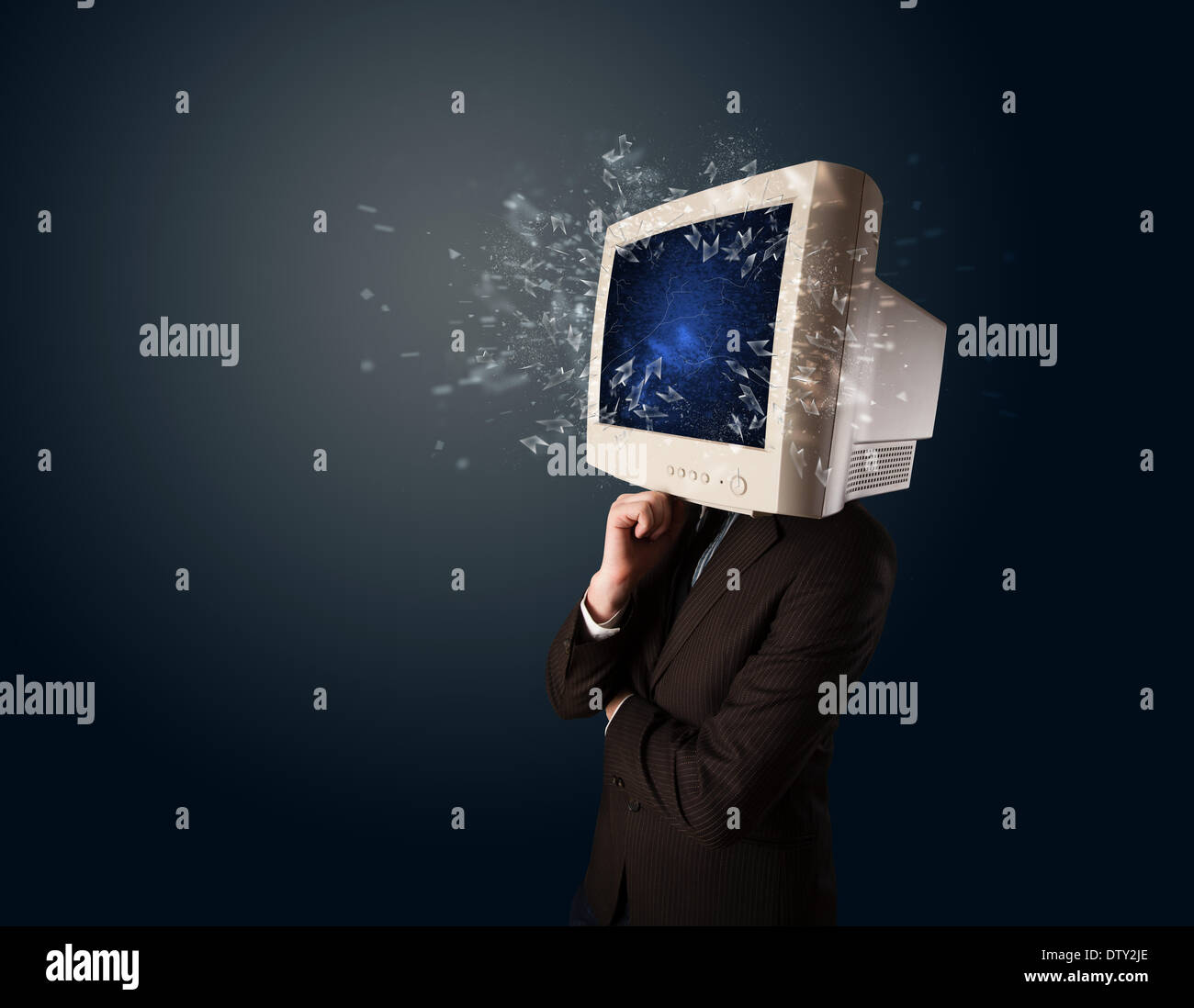 Computer monitor screen exploding on a young persons head Stock Photo ...