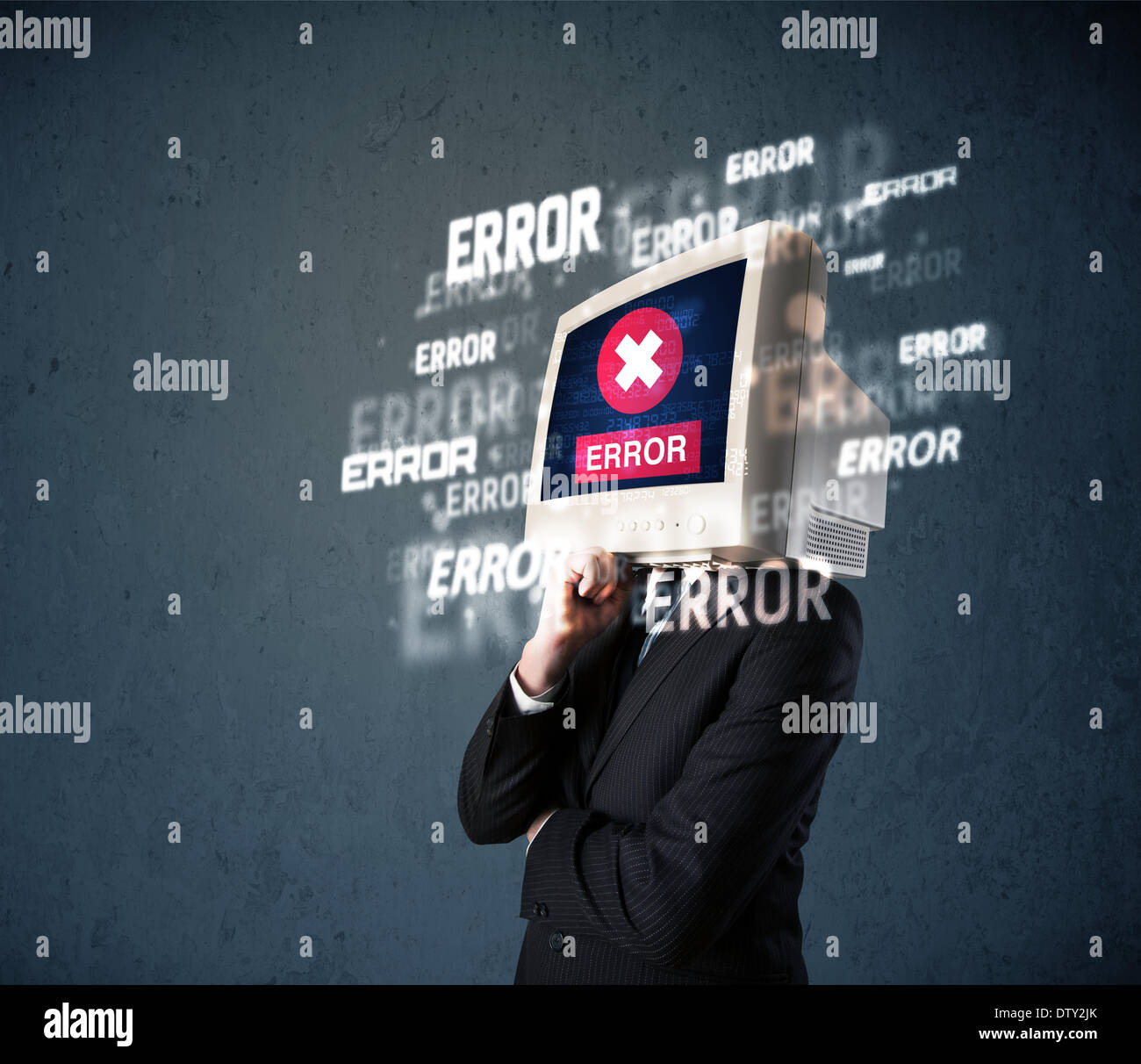 Business man with pc monitor on his head and error messages on the ...