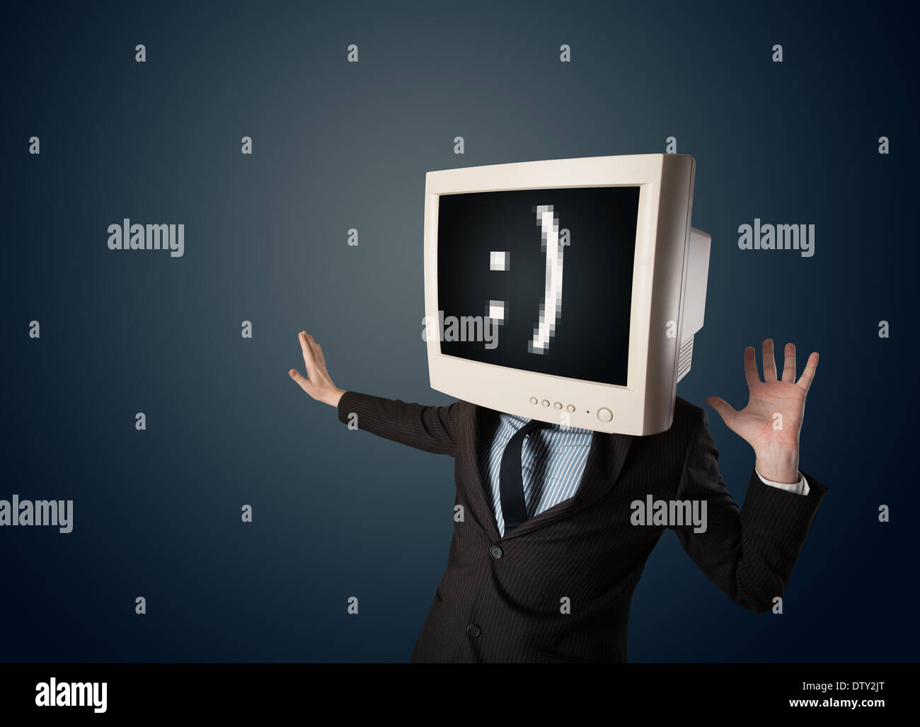 Funny young businessman with a monitor on his head and smiley on the ...