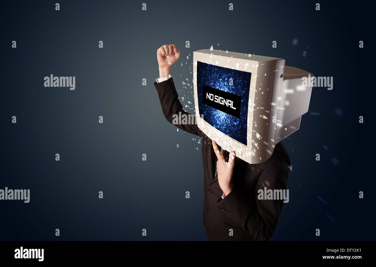 Man with a monitor head, no signal sign on the display Stock Photo - Alamy