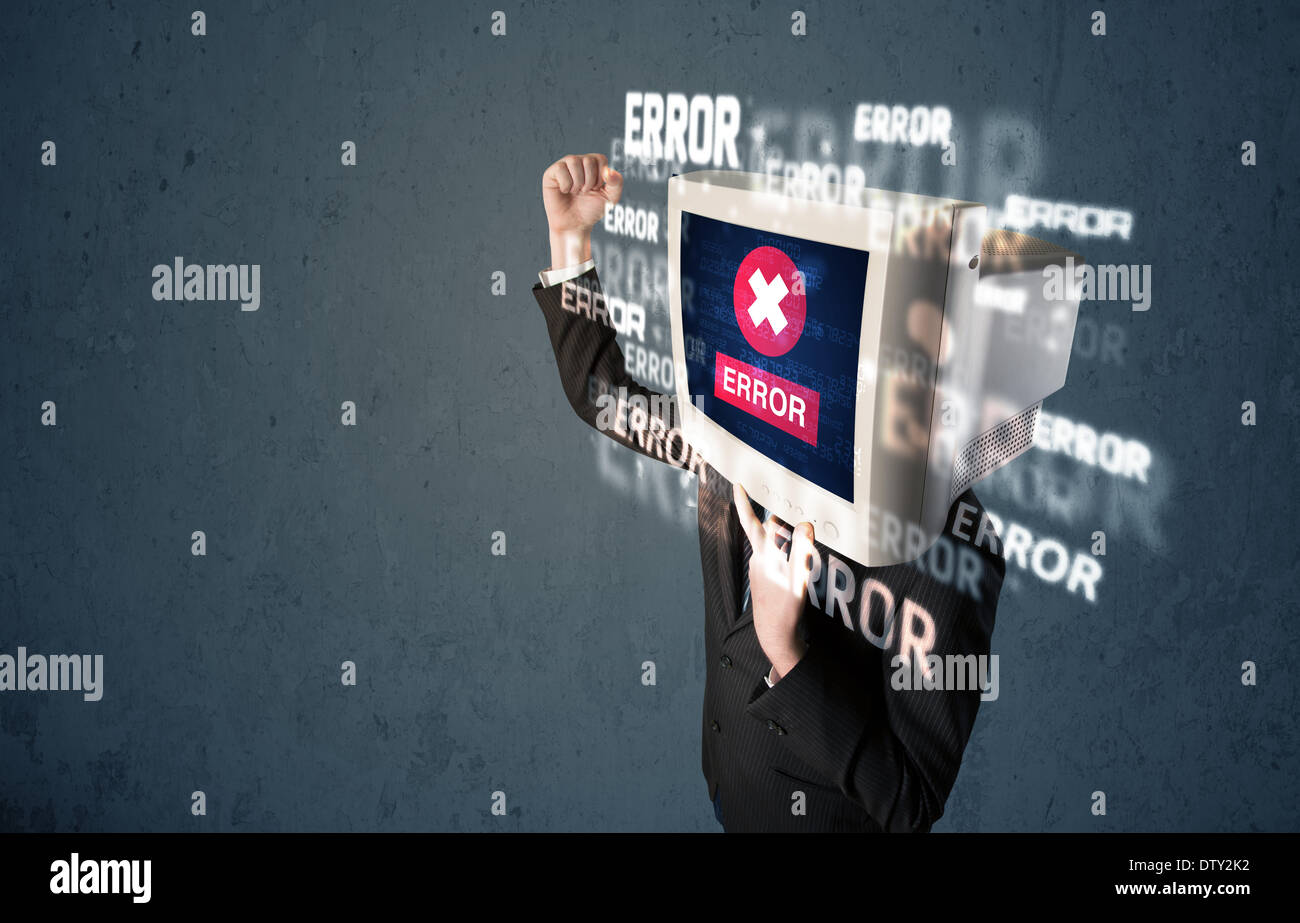 Business man with pc monitor on his head and error messages on the ...