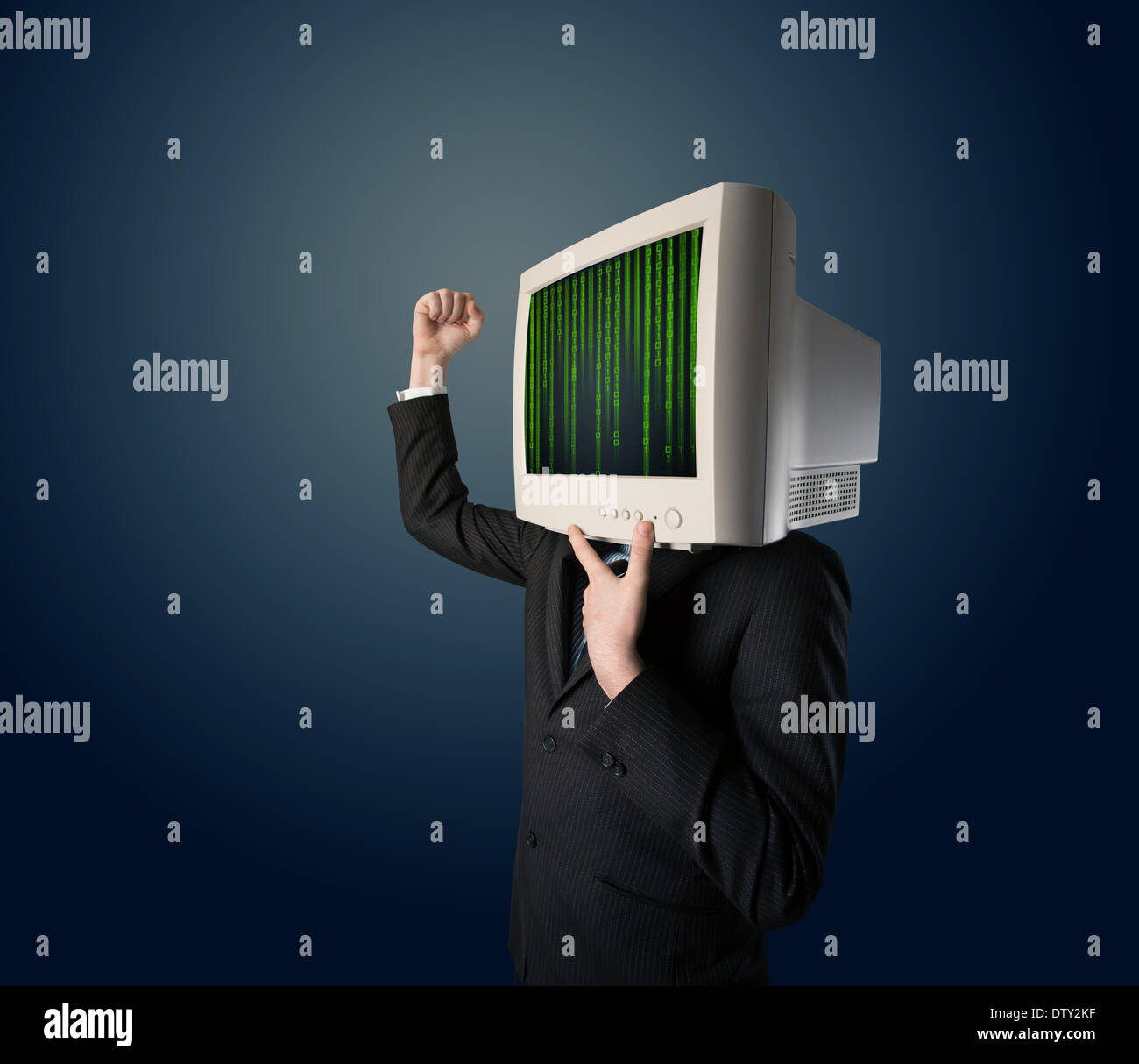 Cyber human with a monitor screen and computer code on the display ...