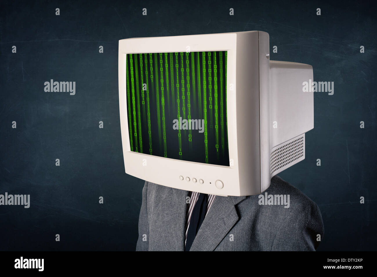 Cyber human with a monitor screen and computer code on the display ...