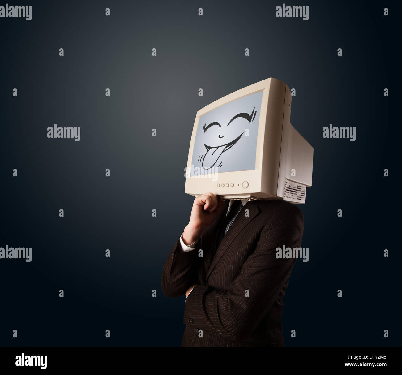 Happy business man with a computer monitor and a smiley face Stock ...