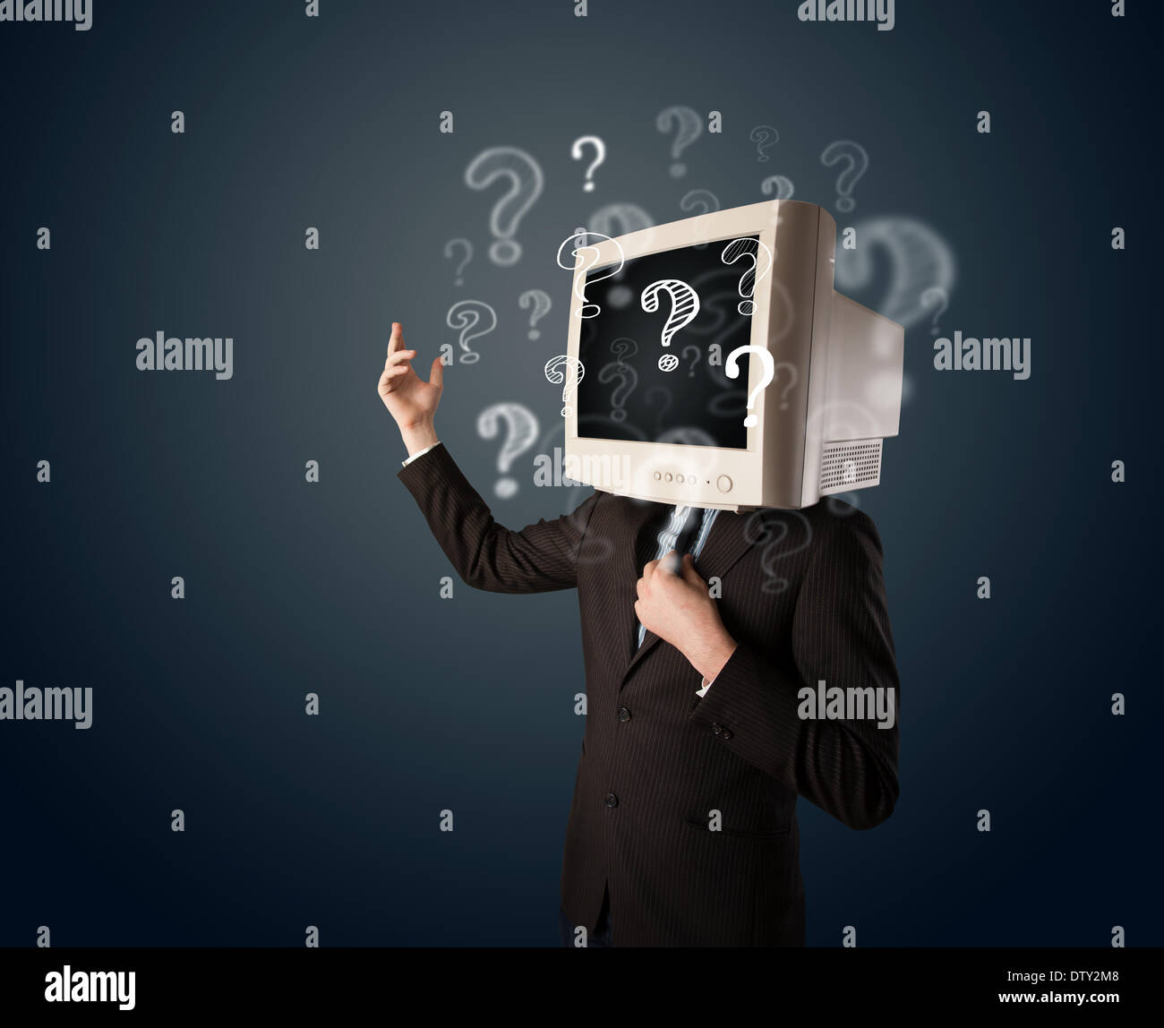 Businessman with a computer monitor head and question marks Stock Photo ...