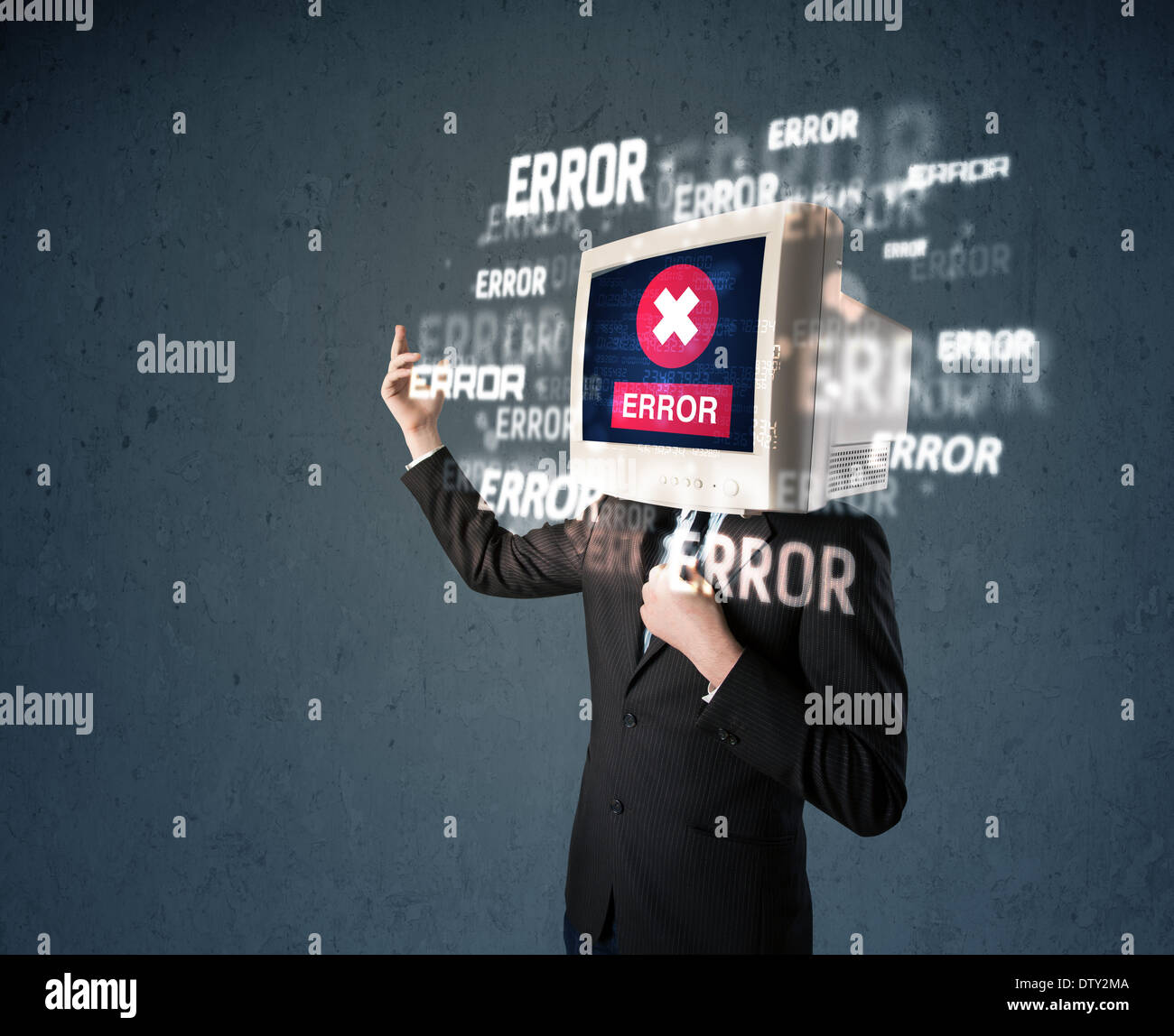 Business man with pc monitor on his head and error messages on the ...