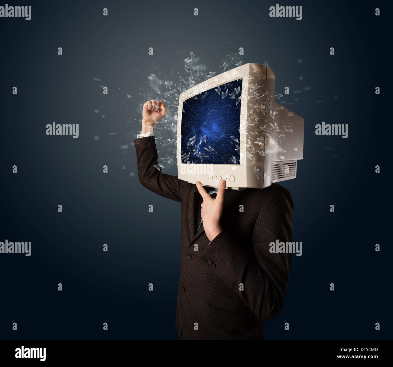 Computer monitor screen exploding on a young persons head Stock Photo ...