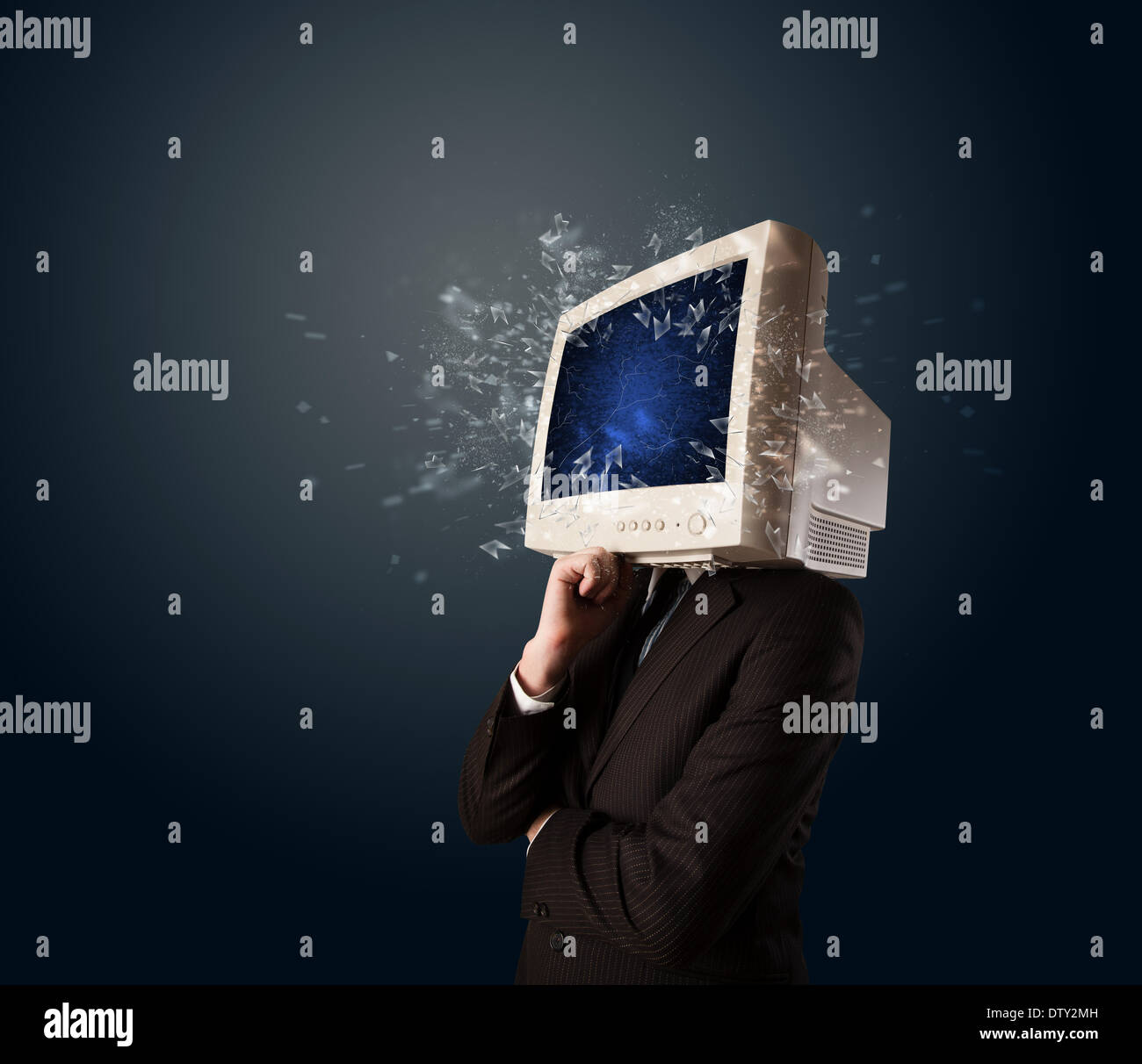 Computer monitor screen exploding on a young persons head Stock Photo ...