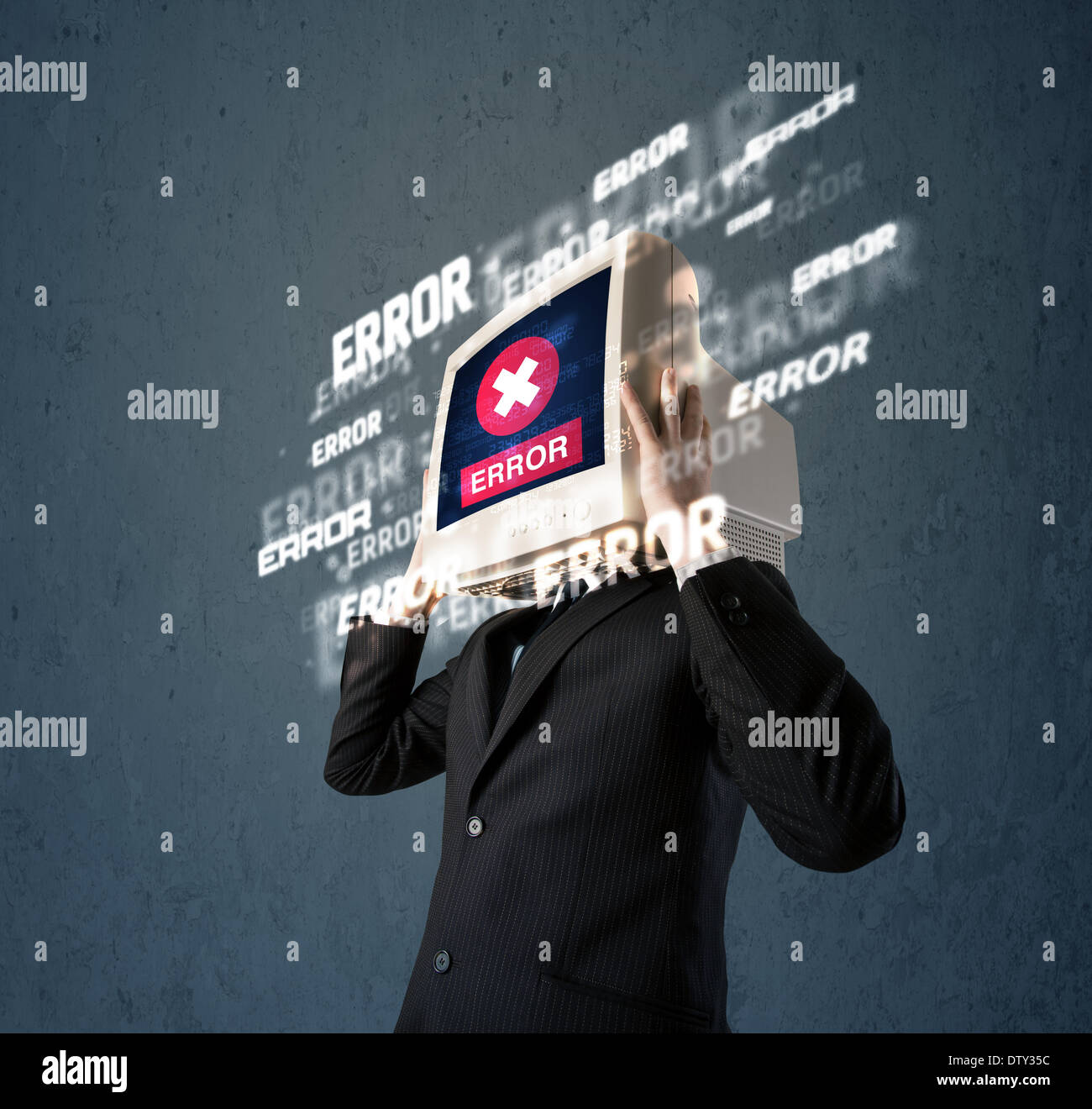 Business man with pc monitor on his head and error messages on the ...
