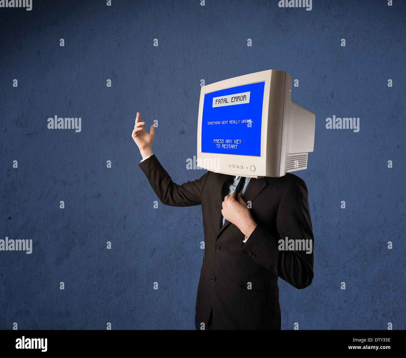 Person with a monitor head and fatal error blue screen on the display ...