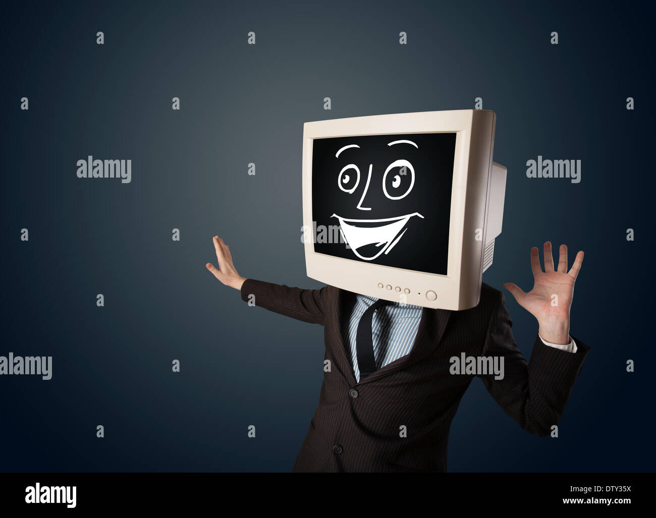 Happy businessman with a PC monitor head and a smiley face Stock Photo ...
