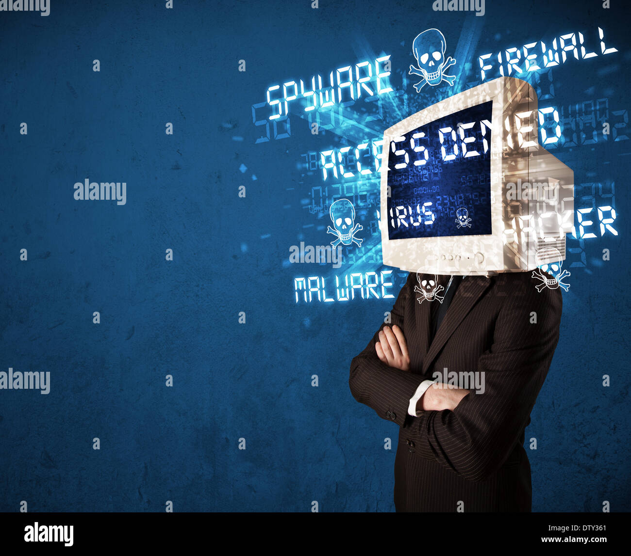 Monitor head person with hacker type of signs on the screen Stock Photo ...