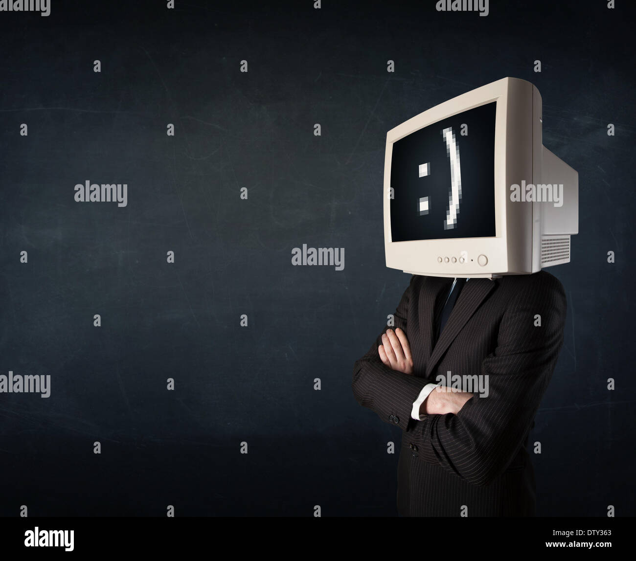 Funny young businessman with a monitor on his head and smiley on the ...