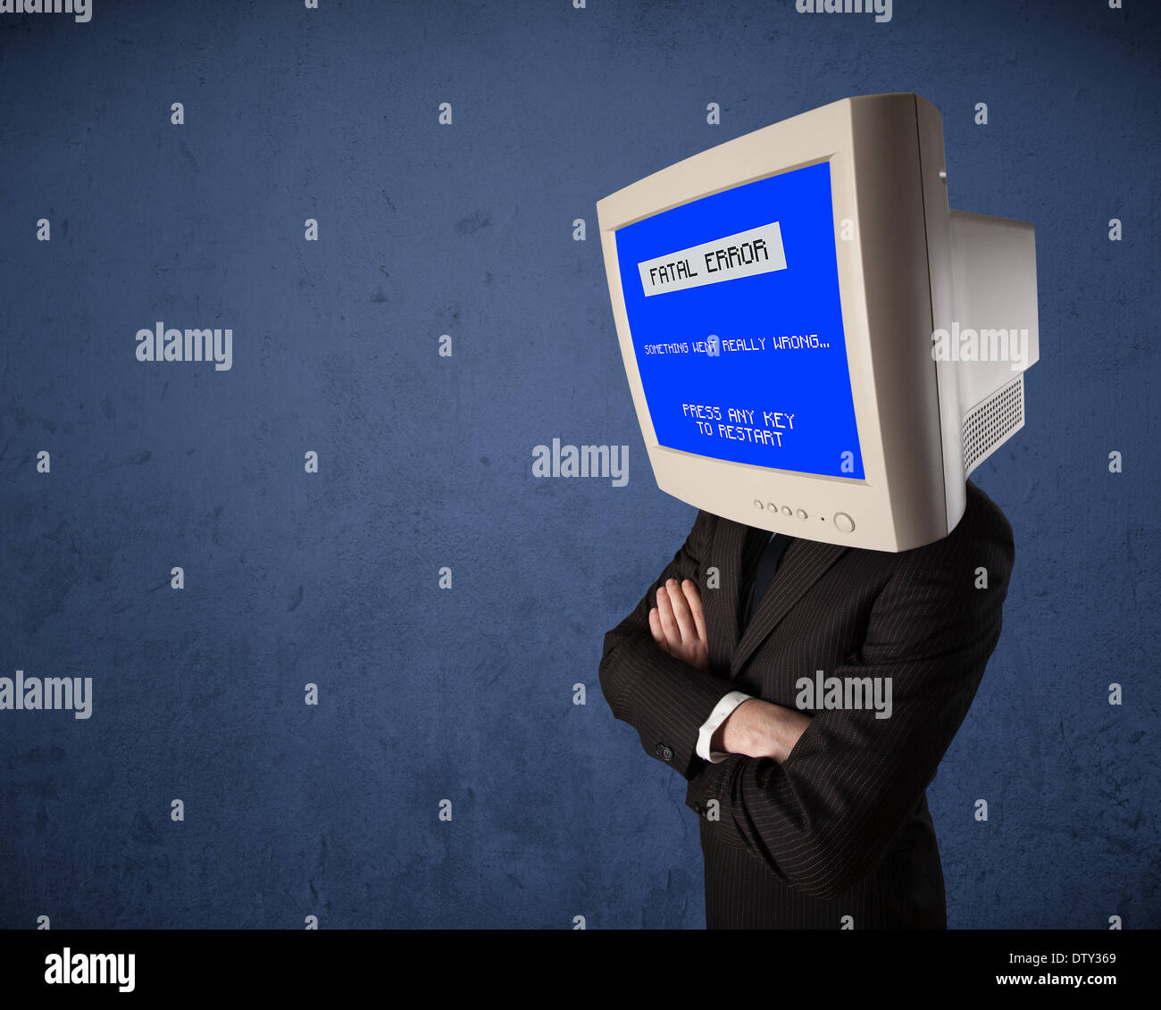 Person with a monitor head and fatal error blue screen on the display ...