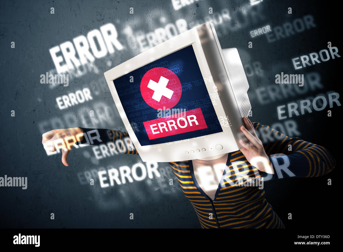 Female monitor head with error signs on the display screen Stock Photo ...