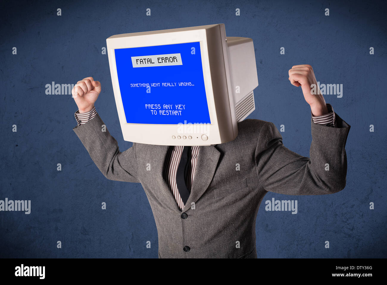 Person with a monitor head and fatal error blue screen on the display ...