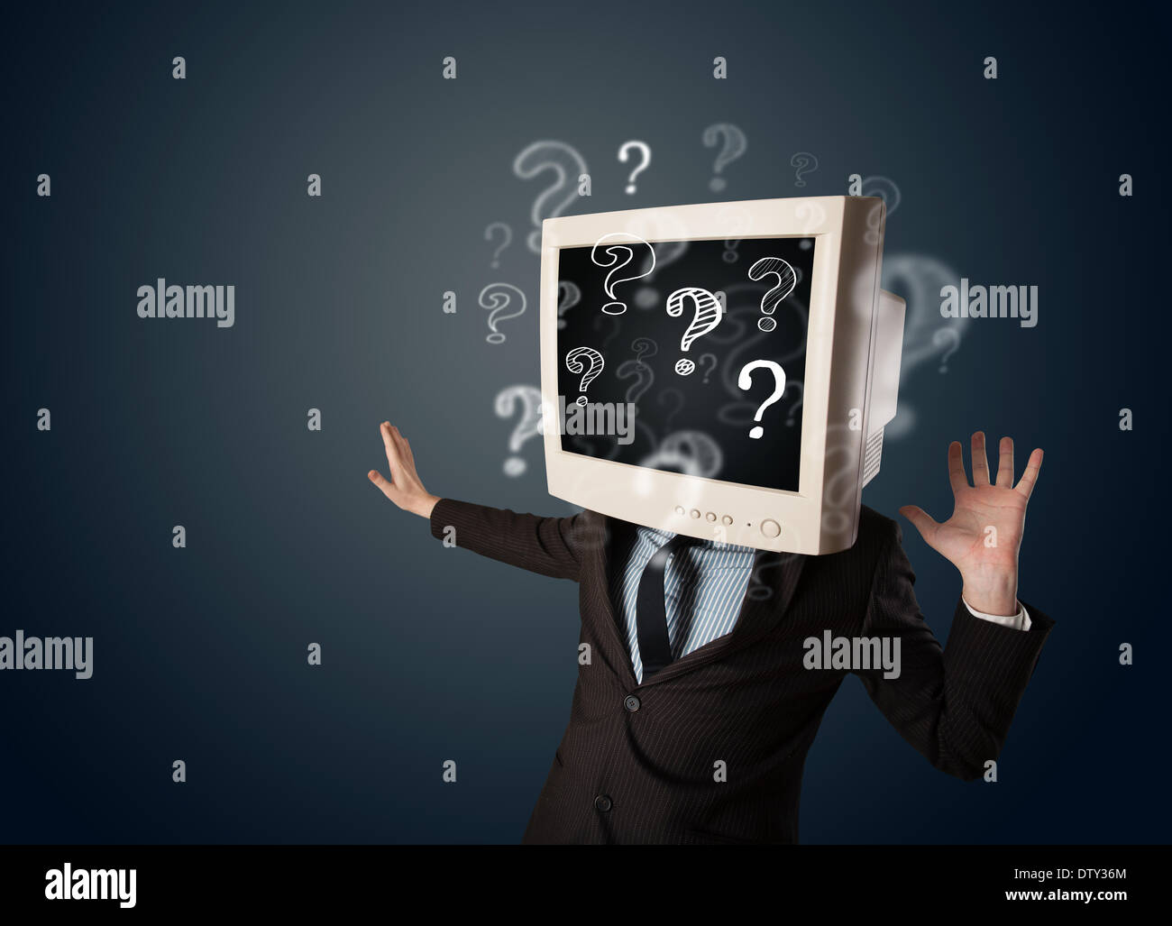 Businessman with a computer monitor head and question marks Stock Photo ...