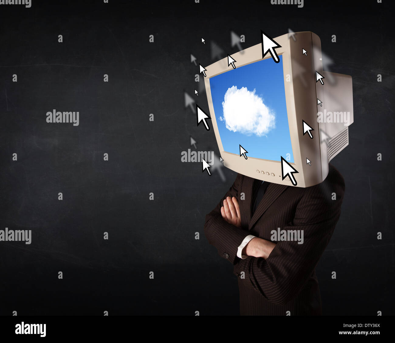 Business man with a monitor on his head, cloud system and pointers on ...