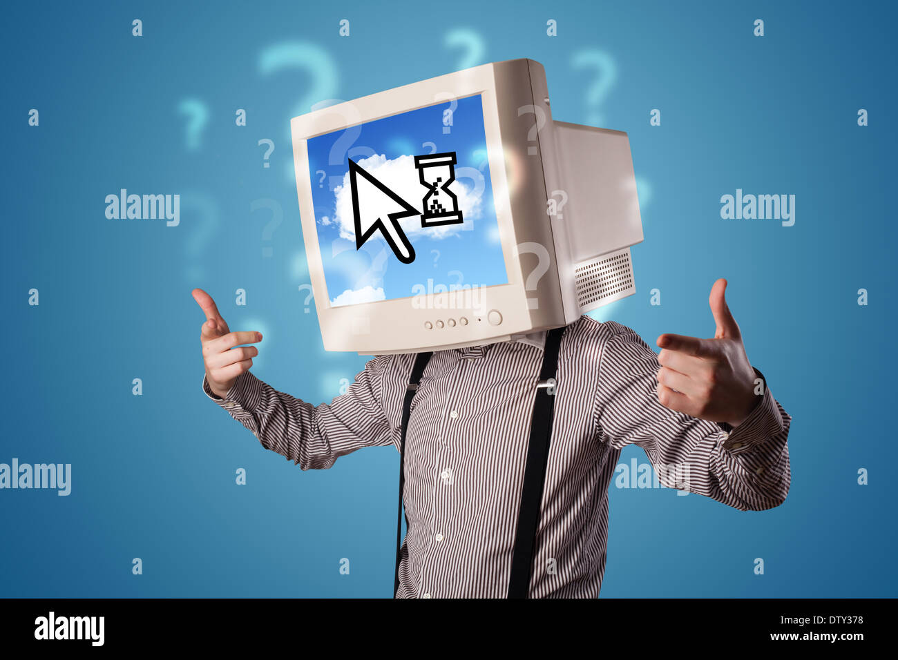 Person with a monitor head and cloud based technology on the screen ...