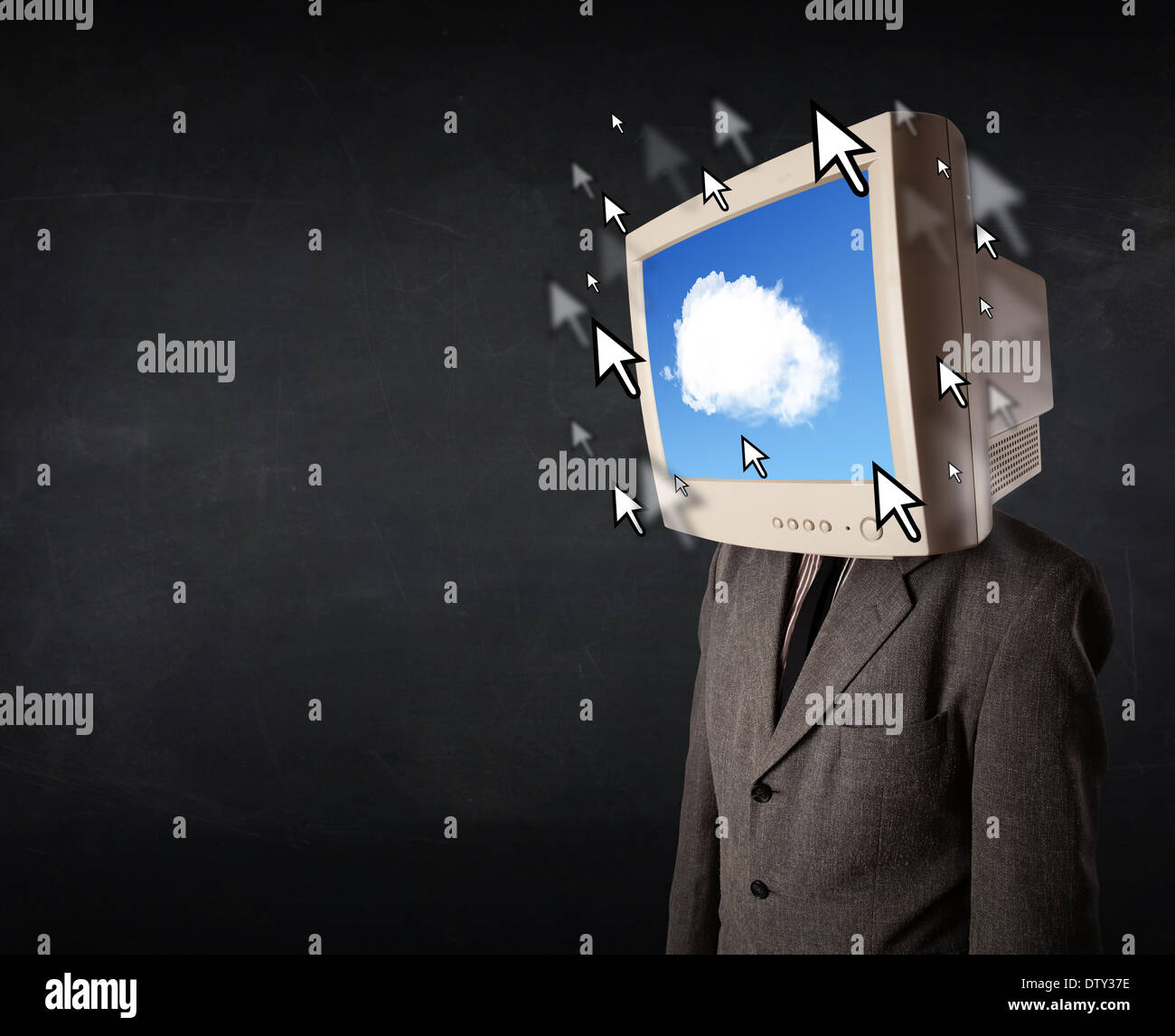 Business man with a monitor on his head, cloud system and pointers on ...