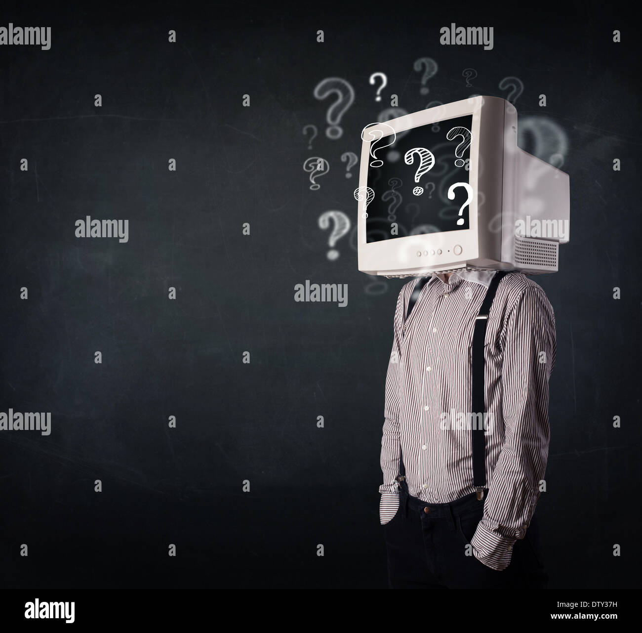 Businessman with a computer monitor head and question marks Stock Photo ...