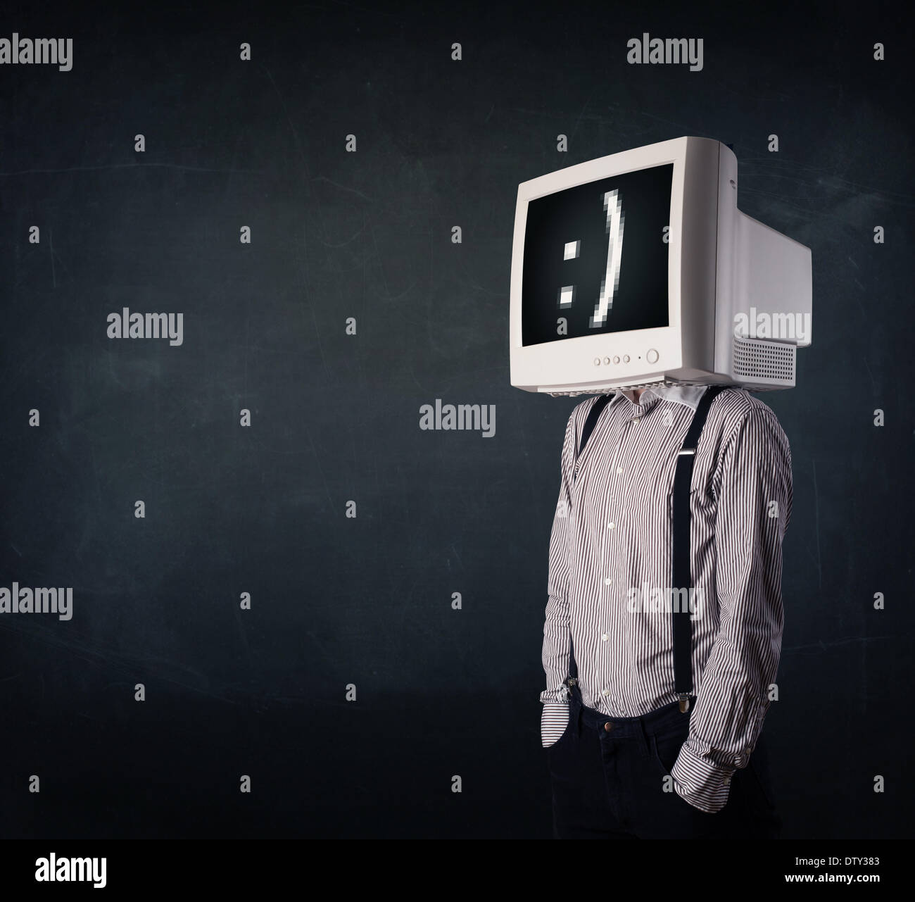 Funny young businessman with a monitor on his head and smiley on the ...