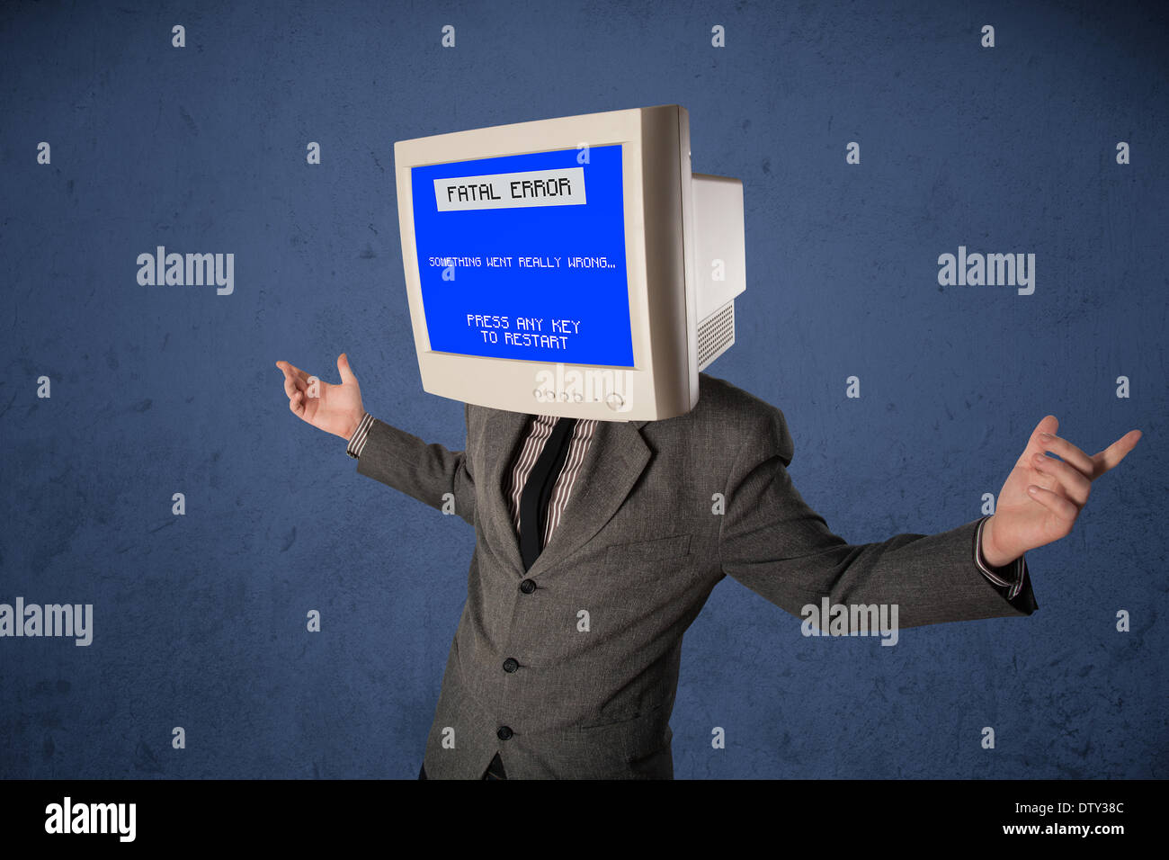 Person with a monitor head and fatal error blue screen on the display ...