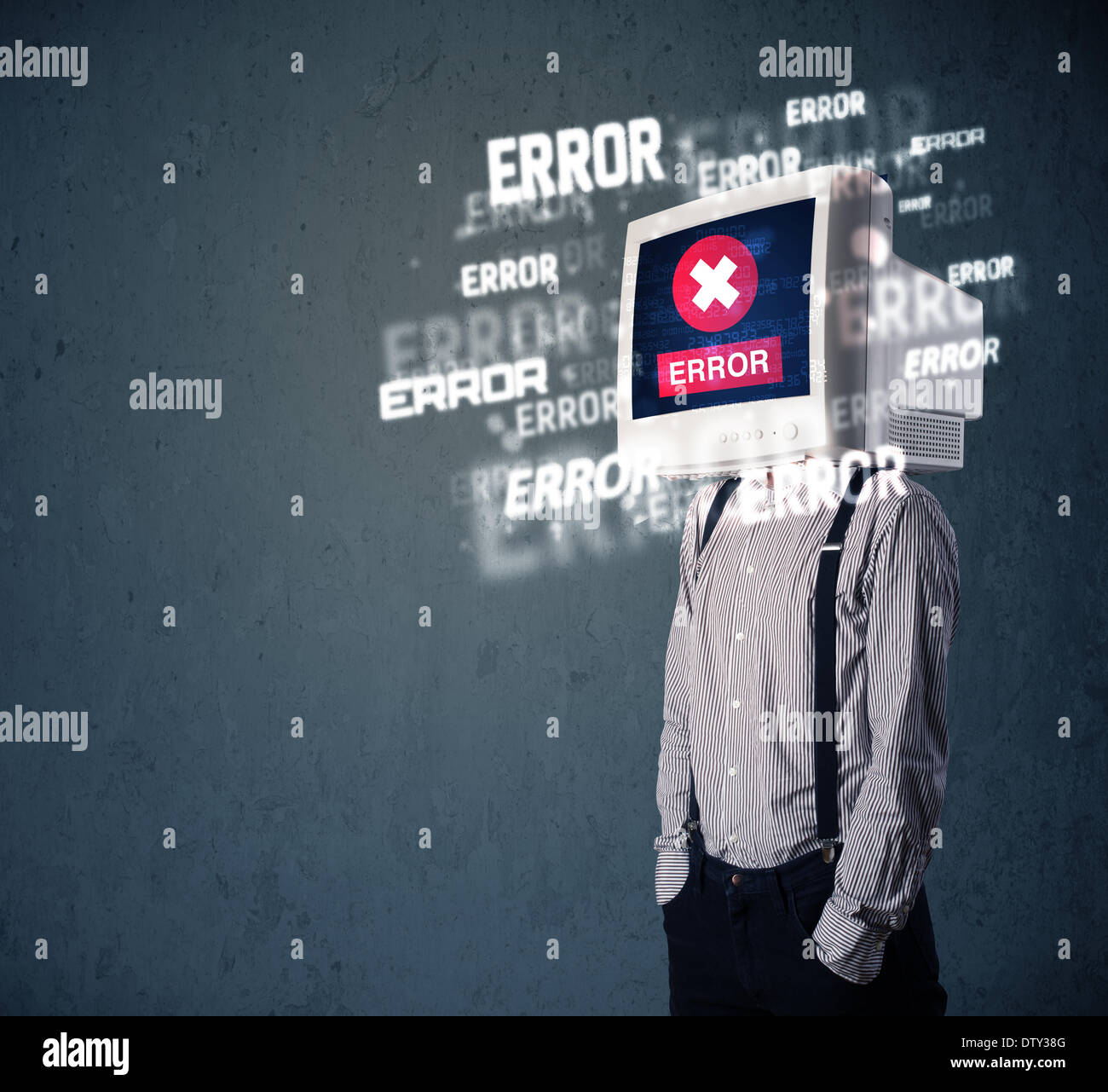 Business man with pc monitor on his head and error messages on the ...