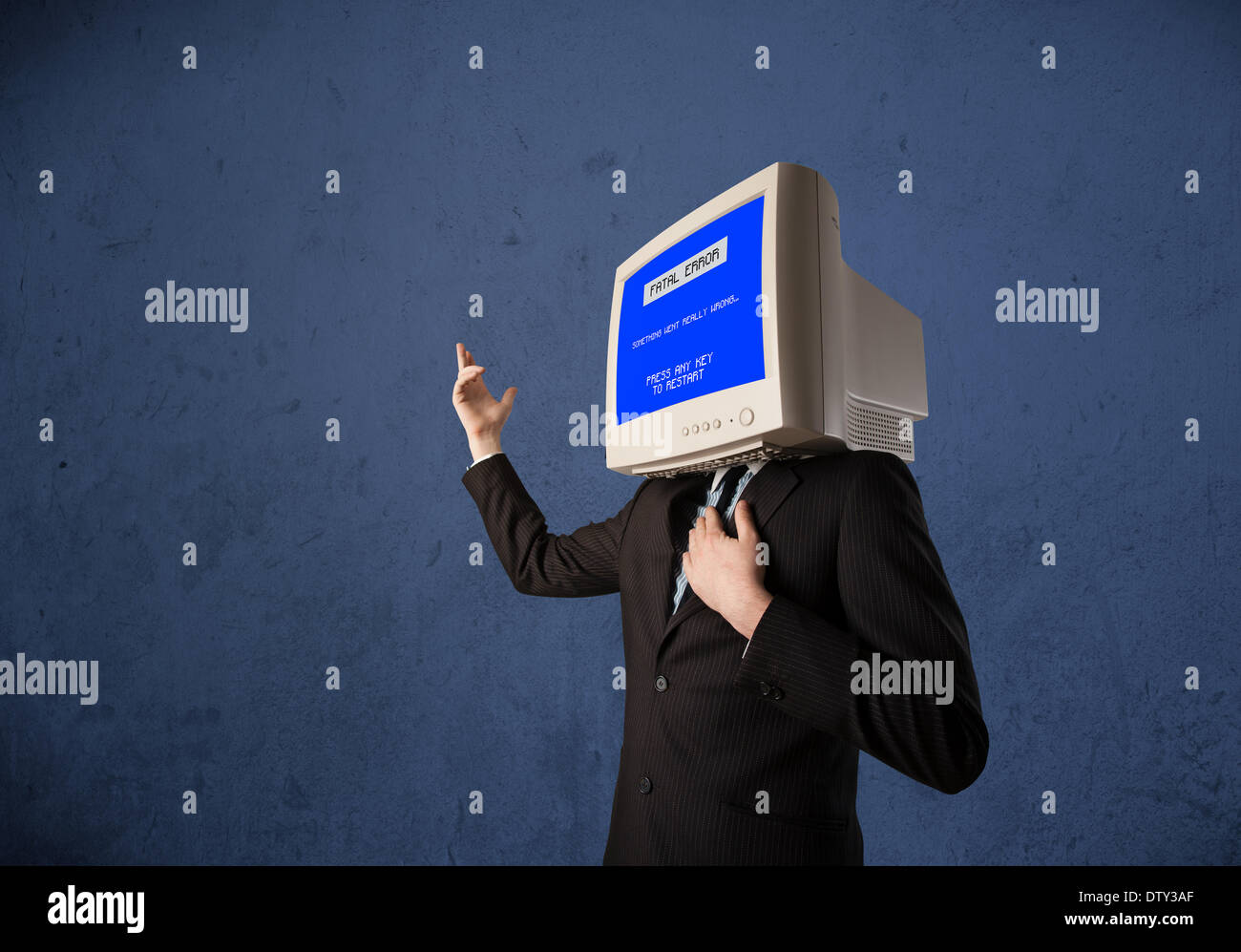 Person with a monitor head and fatal error blue screen on the display ...