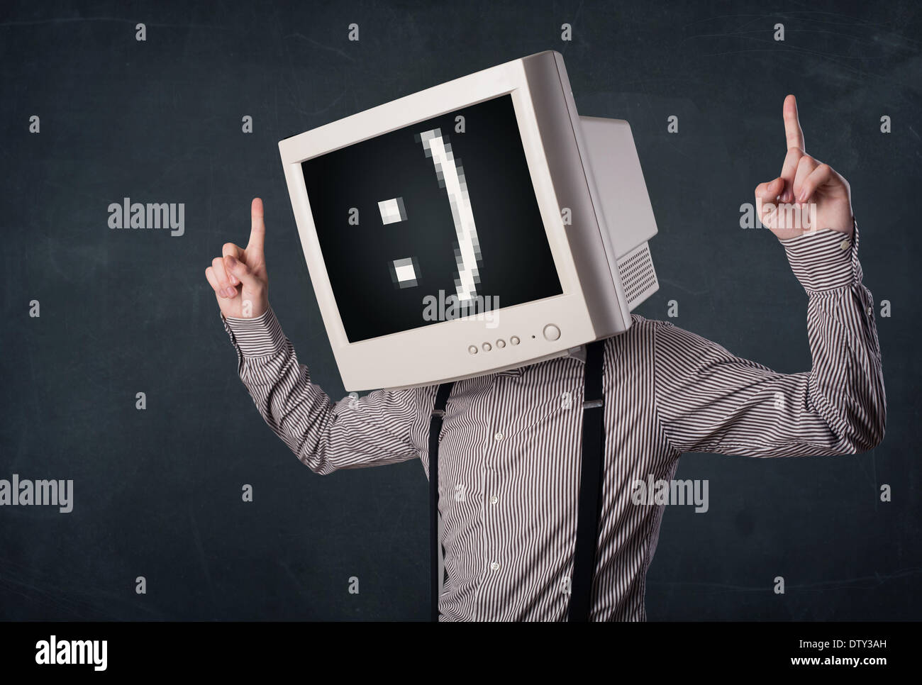 Funny young businessman with a monitor on his head and smiley on the ...