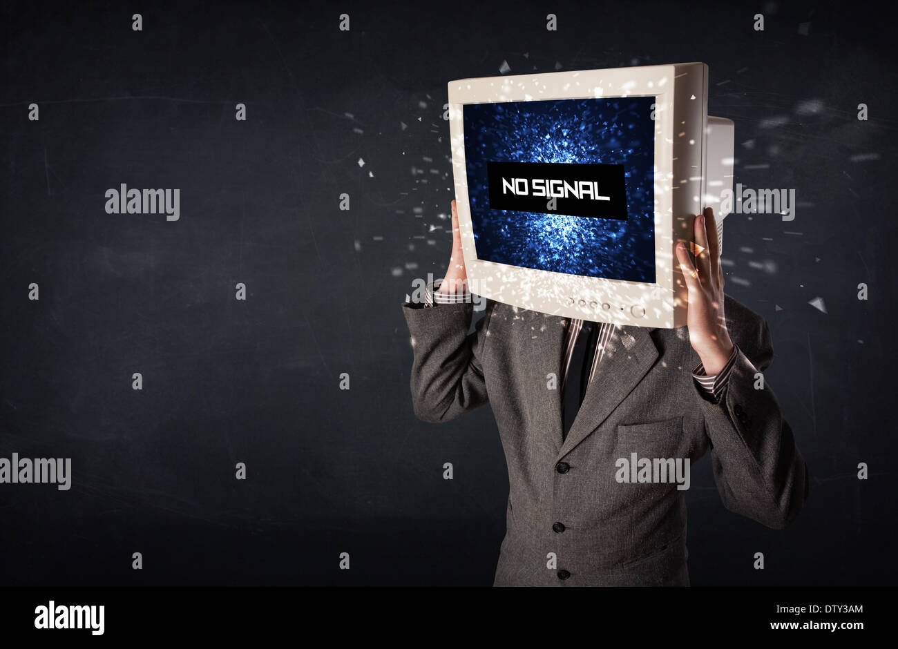 Man with a monitor head, no signal sign on the display Stock Photo - Alamy