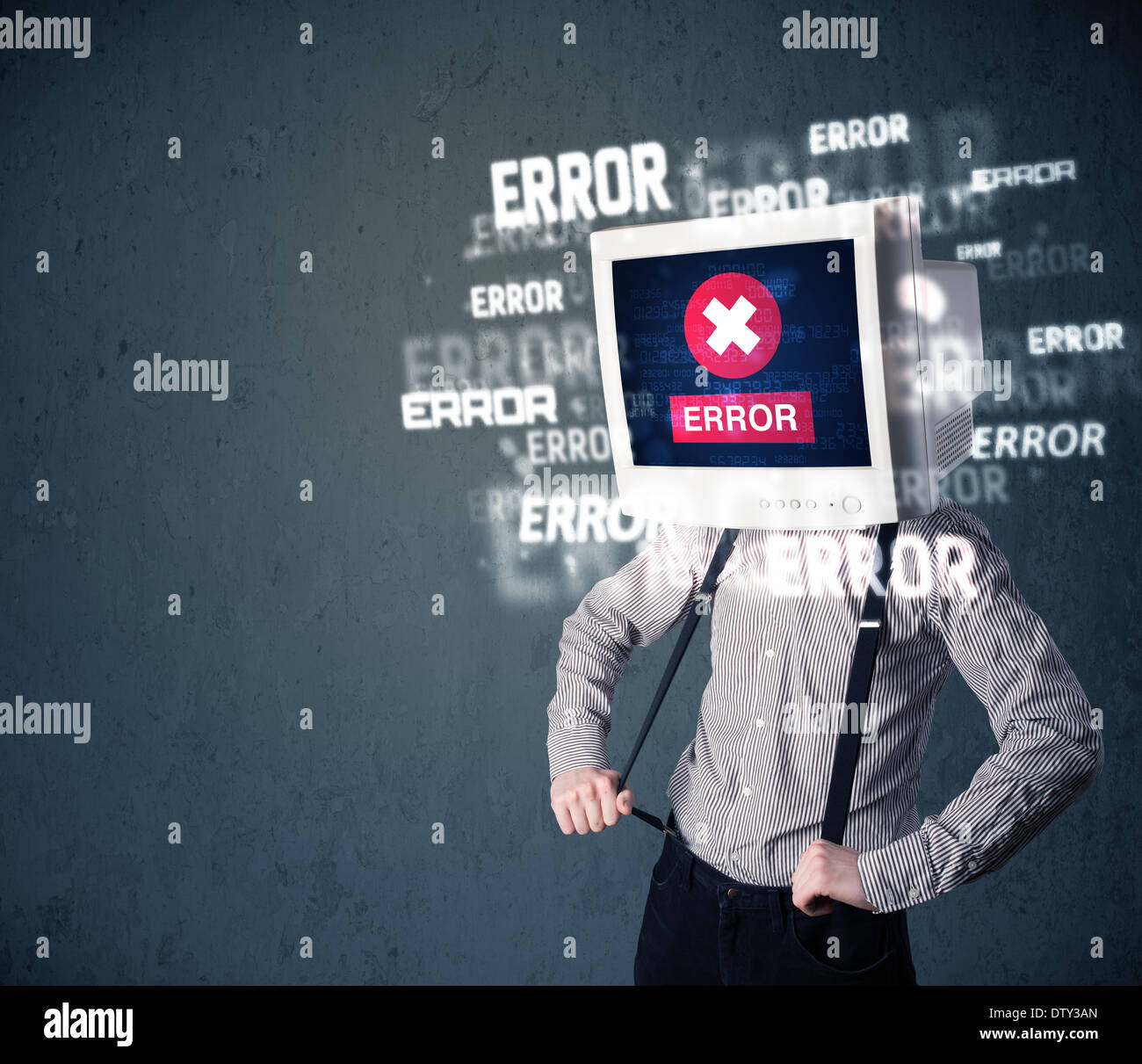 Business man with pc monitor on his head and error messages on the ...
