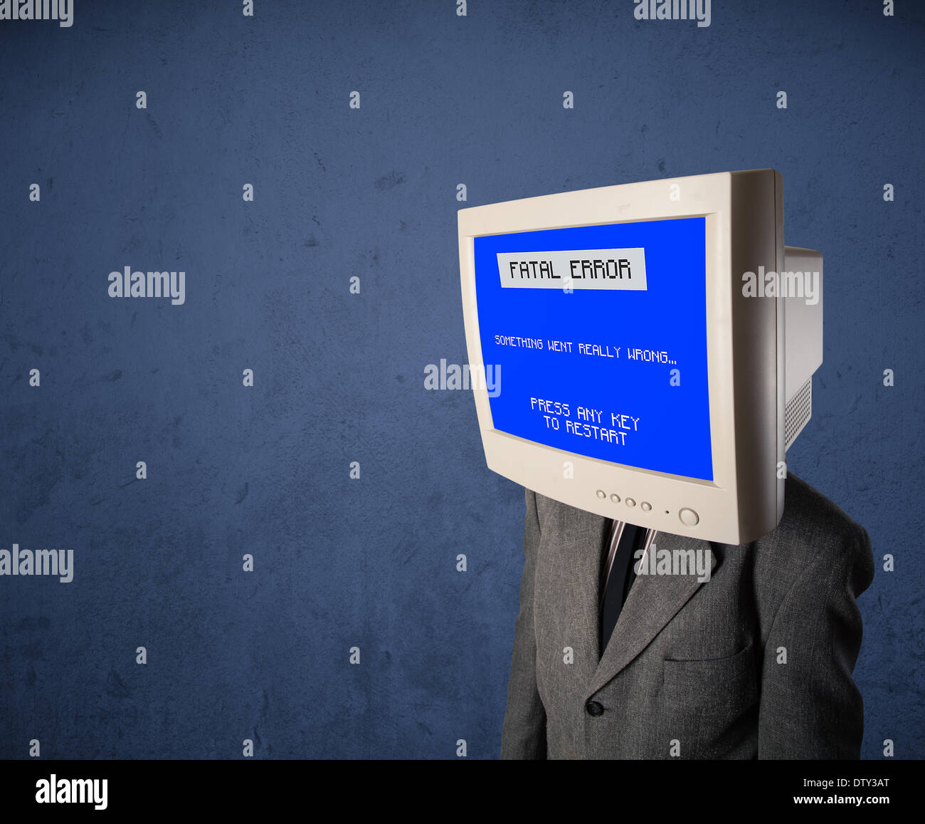 Person with a monitor head and fatal error blue screen on the display ...