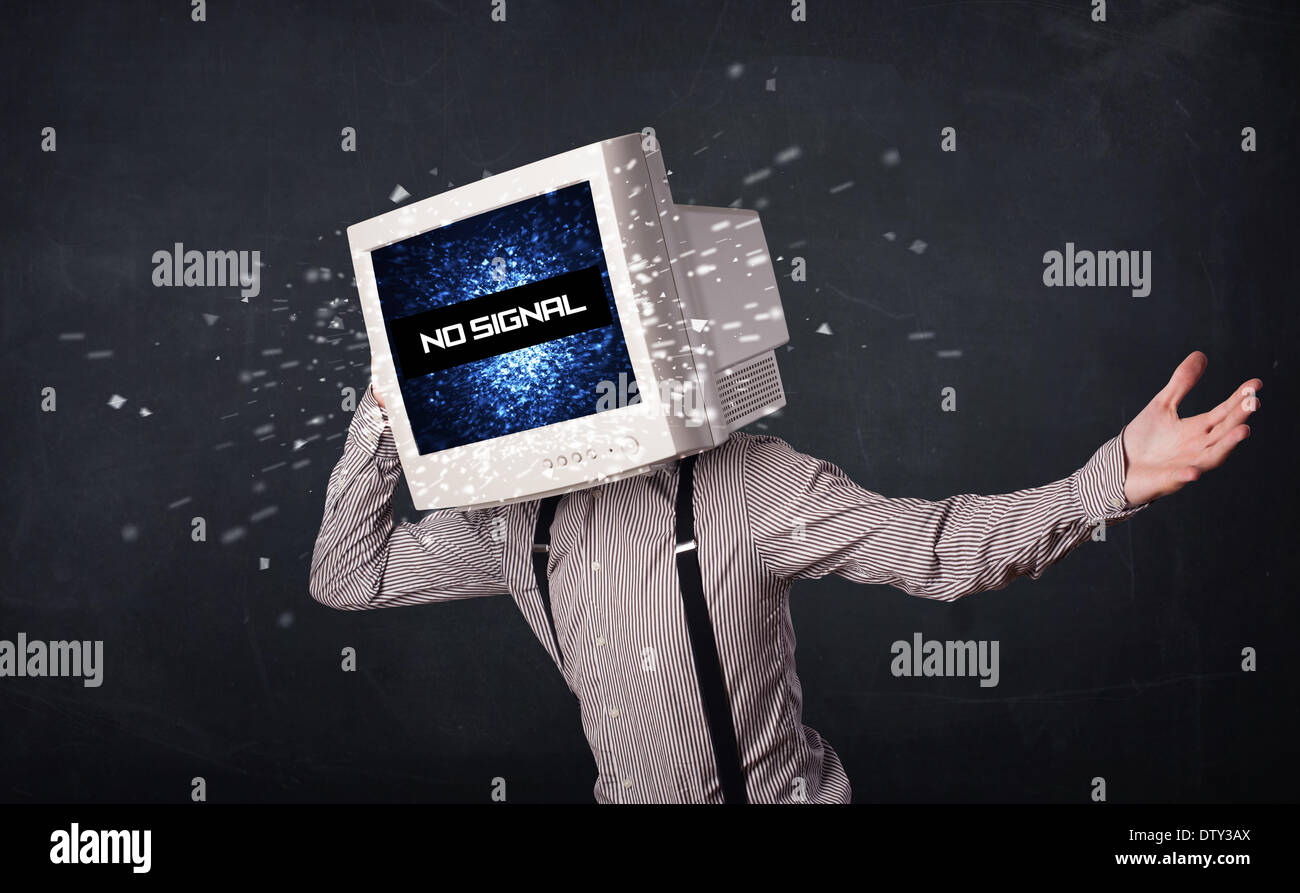 Man with a monitor head, no signal sign on the display Stock Photo - Alamy