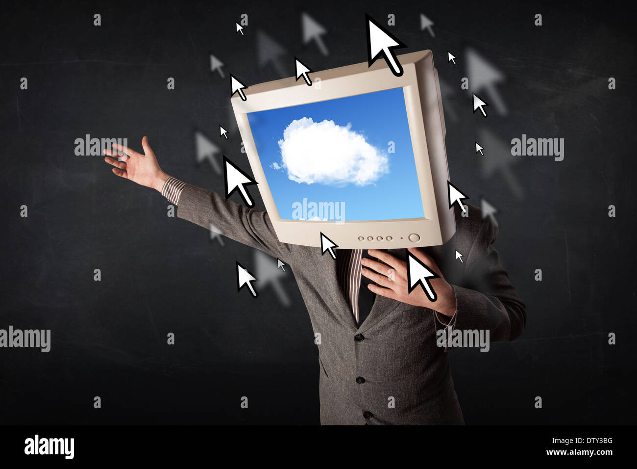Business man with a monitor on his head, cloud system and pointers on ...
