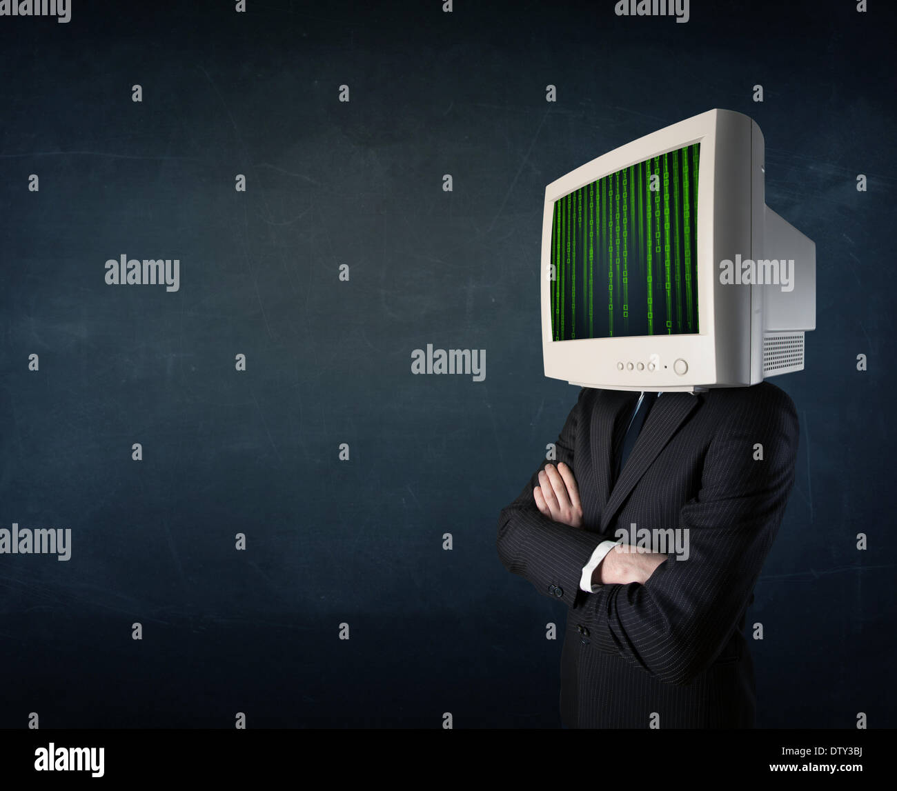 Cyber human with a monitor screen and computer code on the display ...