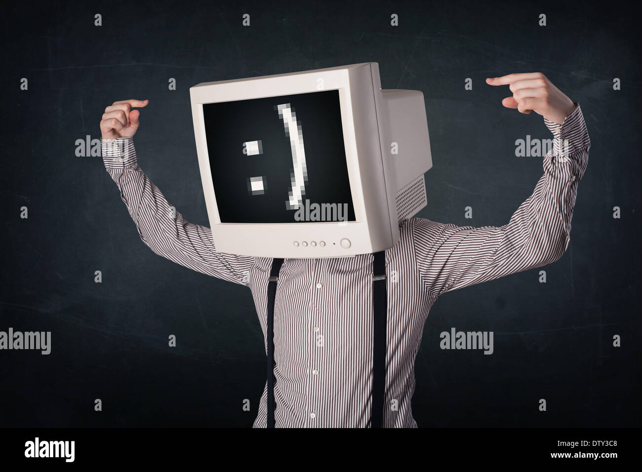 Funny young businessman with a monitor on his head and smiley on the ...