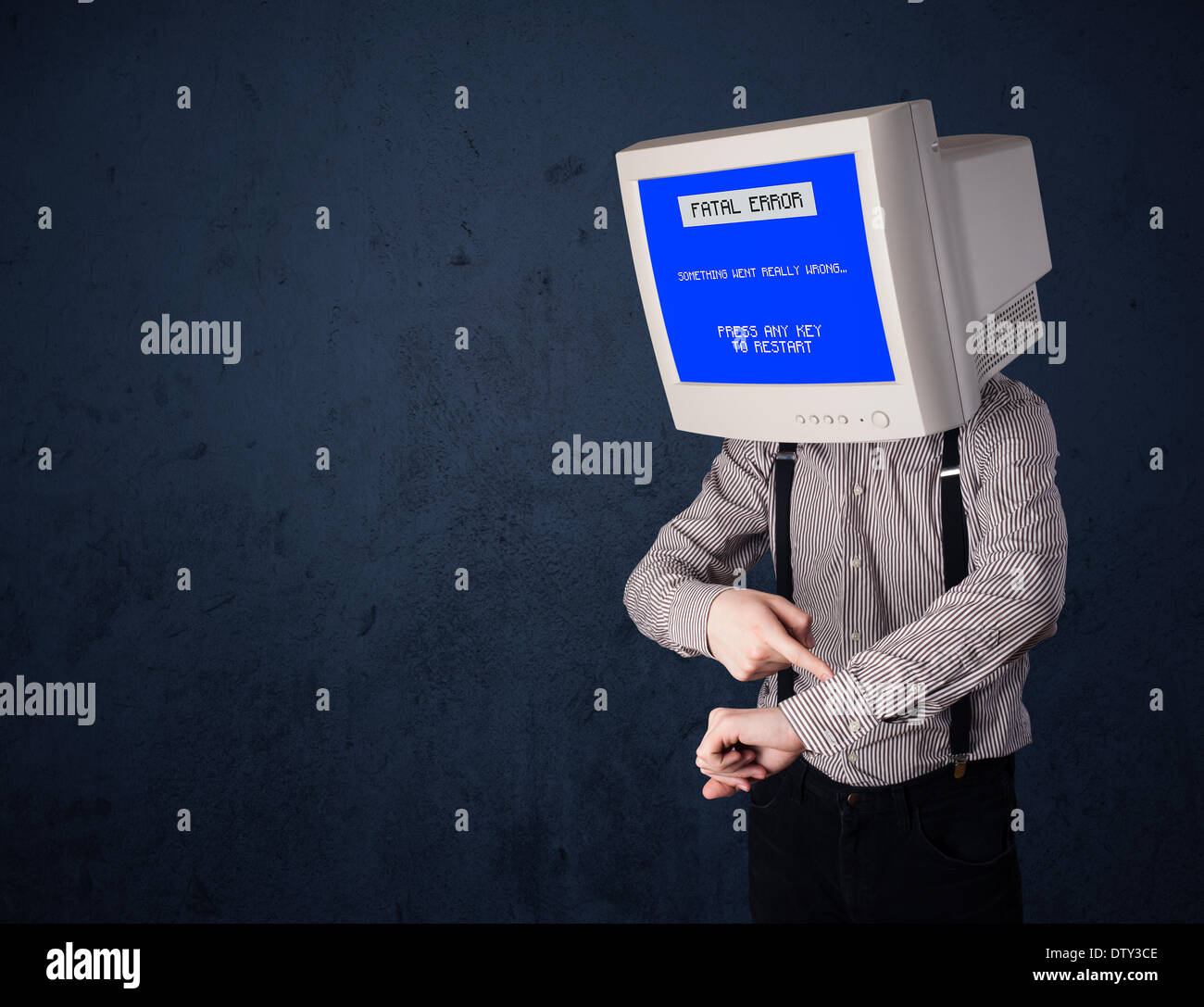Person with a monitor head and fatal error blue screen on the display ...