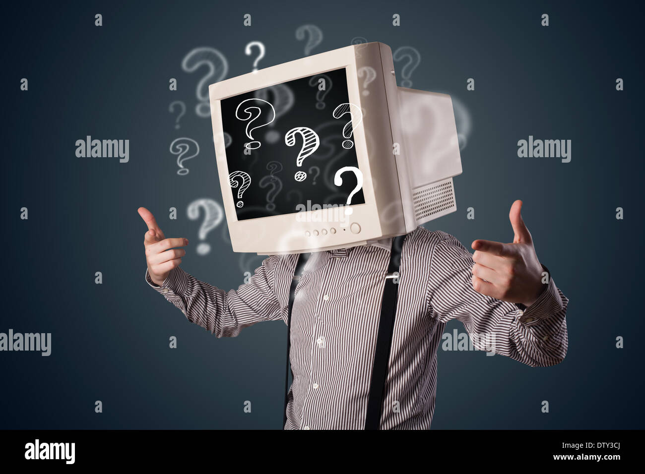 Businessman with a computer monitor head and question marks Stock Photo ...