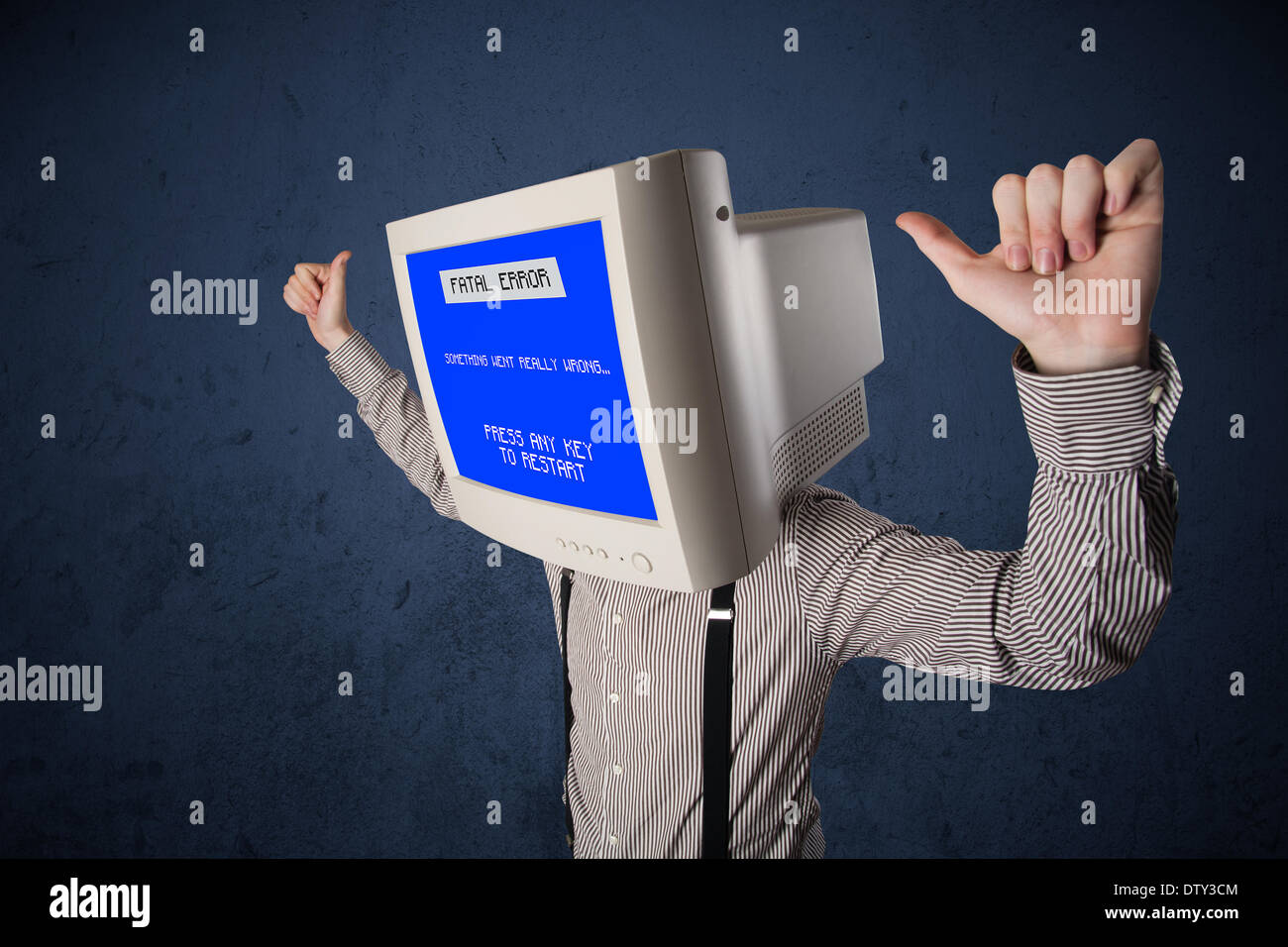 Person with a monitor head and fatal error blue screen on the display ...