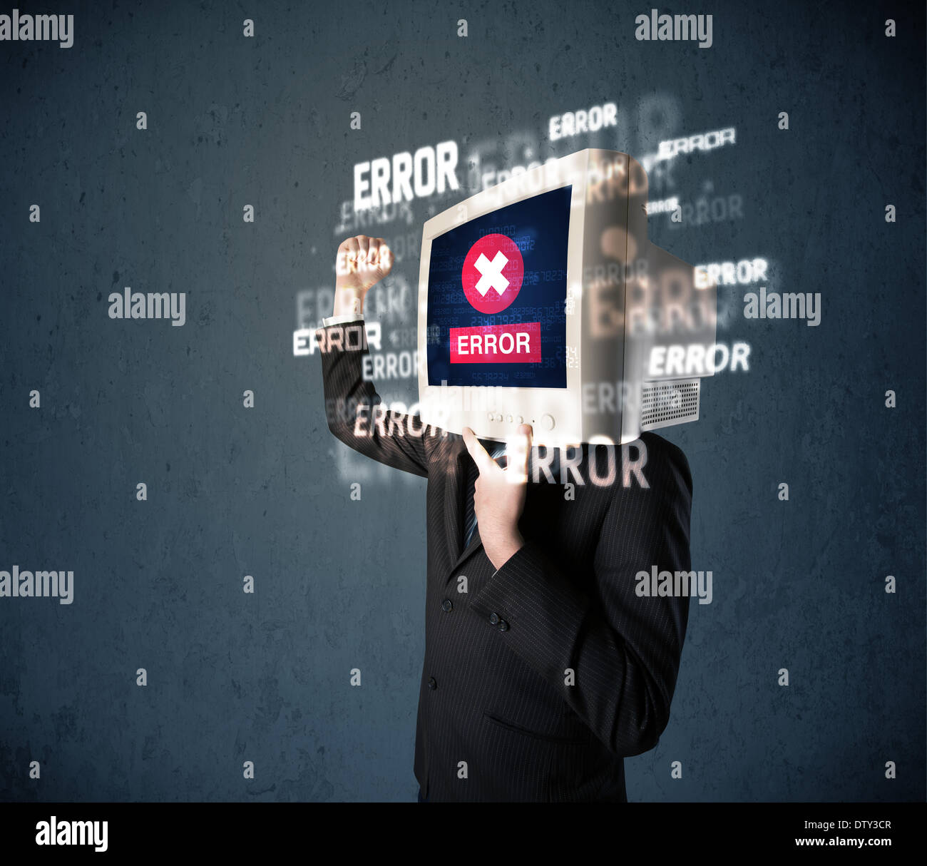 Business man with pc monitor on his head and error messages on the ...