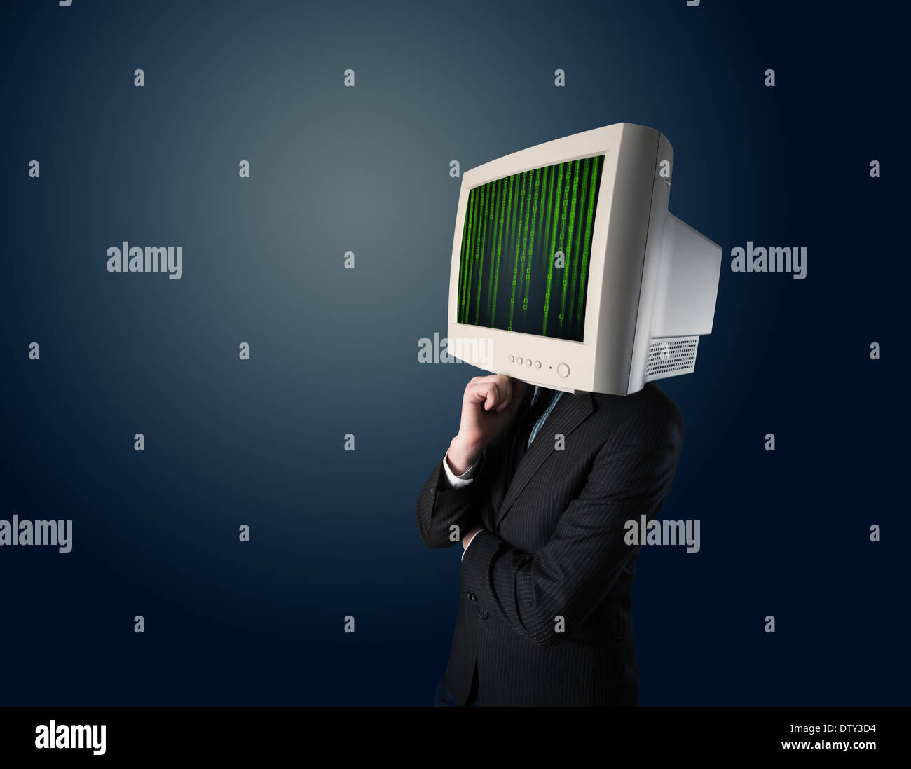 Cyber human with a monitor screen and computer code on the display ...