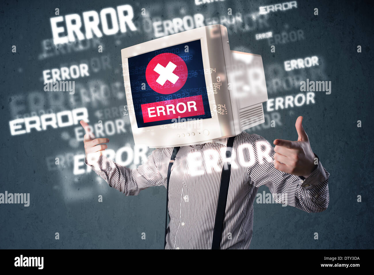 Business man with pc monitor on his head and error messages on the ...