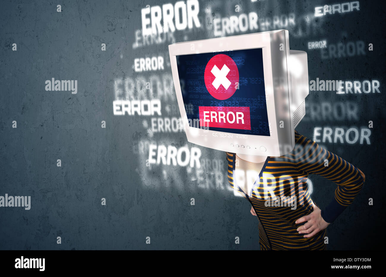 Female monitor head with error signs on the display screen Stock Photo ...