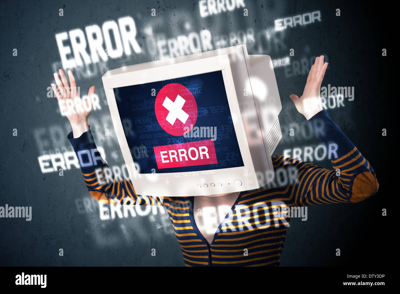 Female monitor head with error signs on the display screen Stock Photo ...