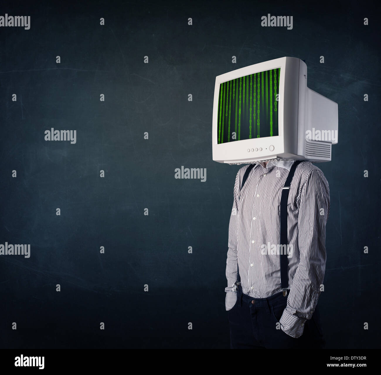 Cyber human with a monitor screen and computer code on the display ...