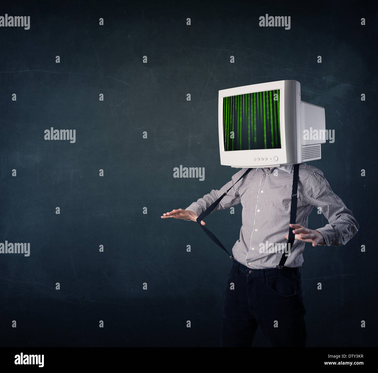 Cyber human with a monitor screen and computer code on the display ...