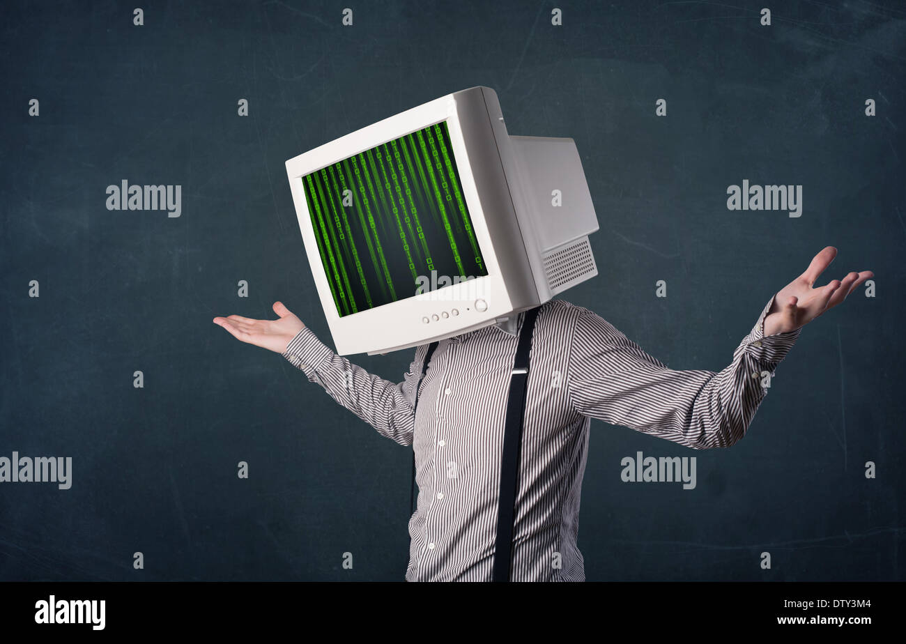 Cyber human with a monitor screen and computer code on the display ...