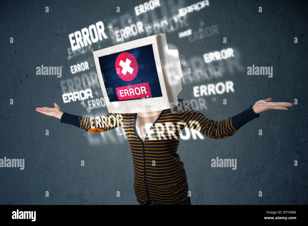 Female monitor head with error signs on the display screen Stock Photo ...