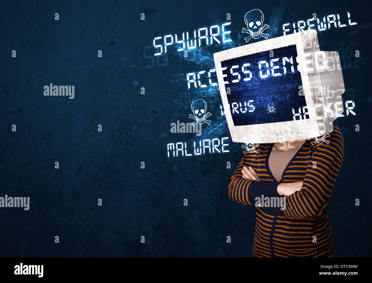 Monitor head person with hacker type of signs on the screen Stock Photo ...